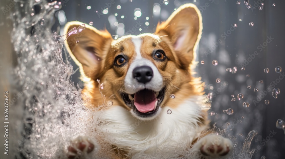 Funny picture of a pembroke Welsh corgi dog washing with shampoo. Dog ...