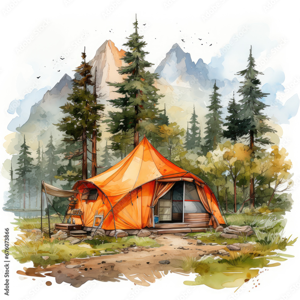 watercolor Camping Summer Mountain clipart, Generative Ai Stock ...