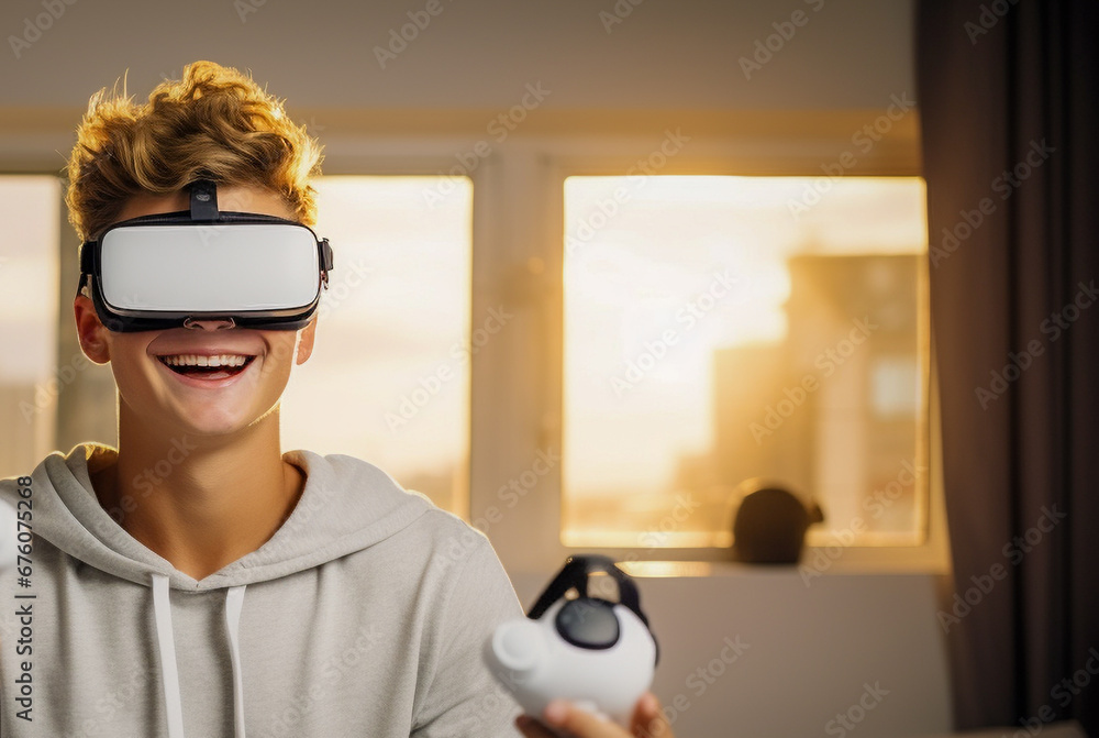 Gen Alpha Teenager Playing Videogame with VR Headsets. Gen Alpha ...