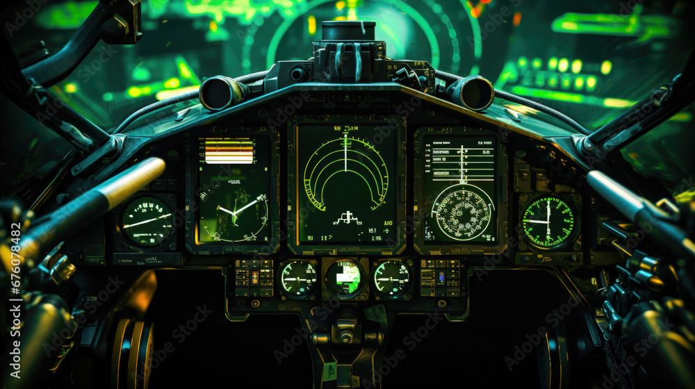 Futuristic fighter jet cockpit with cyberpunk style, realistic close up ...
