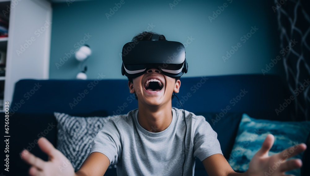 Gen Alpha Teenager Playing Videogame with VR Headsets. Gen Alpha ...