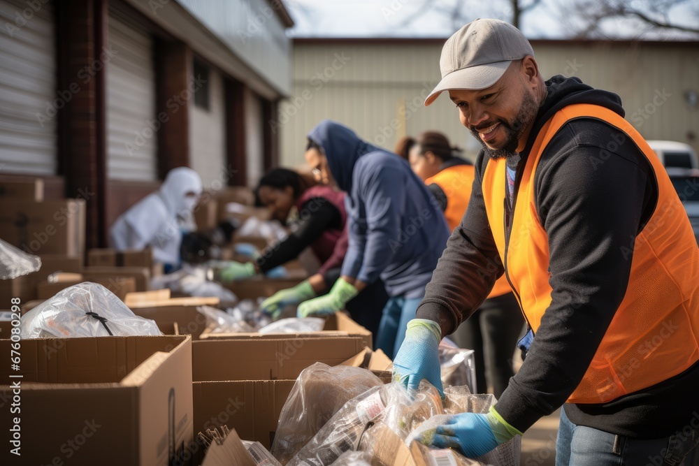 Volunteers engaging in neighborhood clean-up or helping at a food bank ...