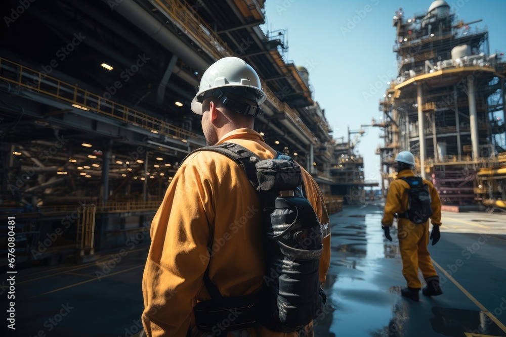 Natural gas workers in safety gear working on oil rig platform offshore ...