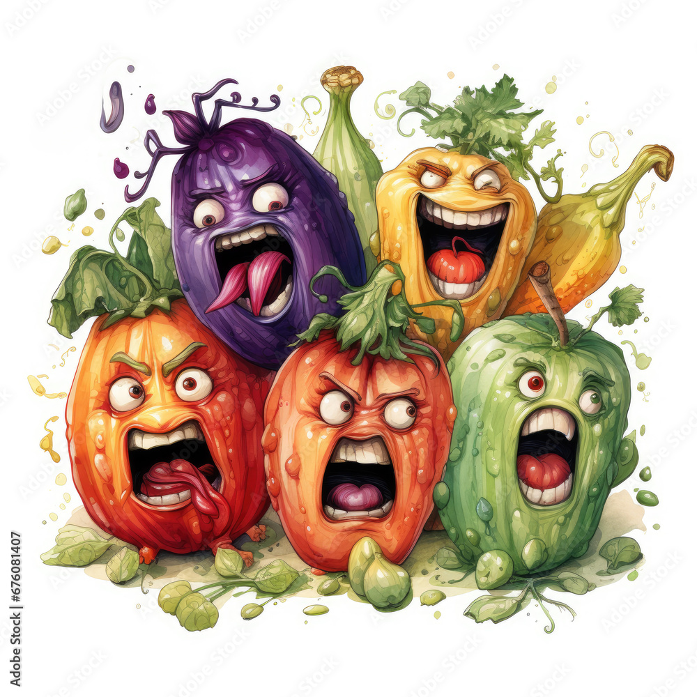watercolor Cute Angry Fruits and Vegetables clipart, Generative Ai ...