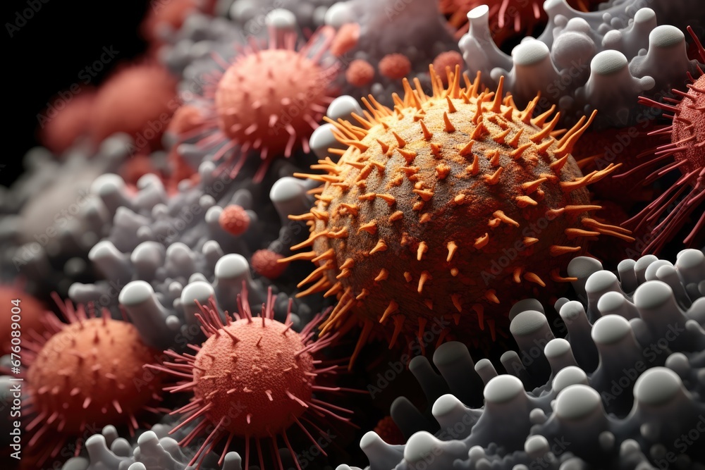 An extreme close-up of a cluster of virus particles, with their unique ...