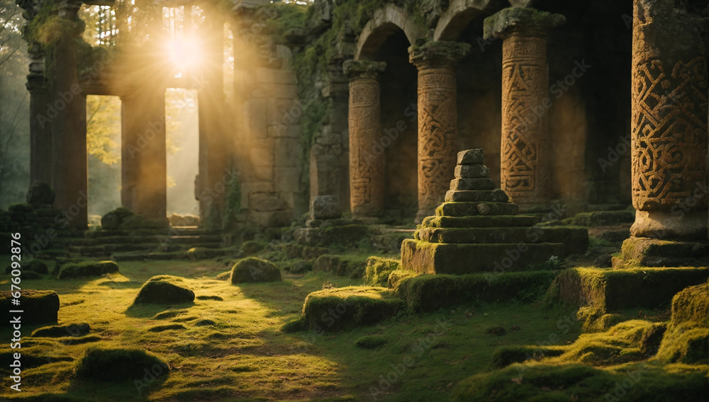 Ancient ruins imbued with mysterious runes and symbols - AI generative ...