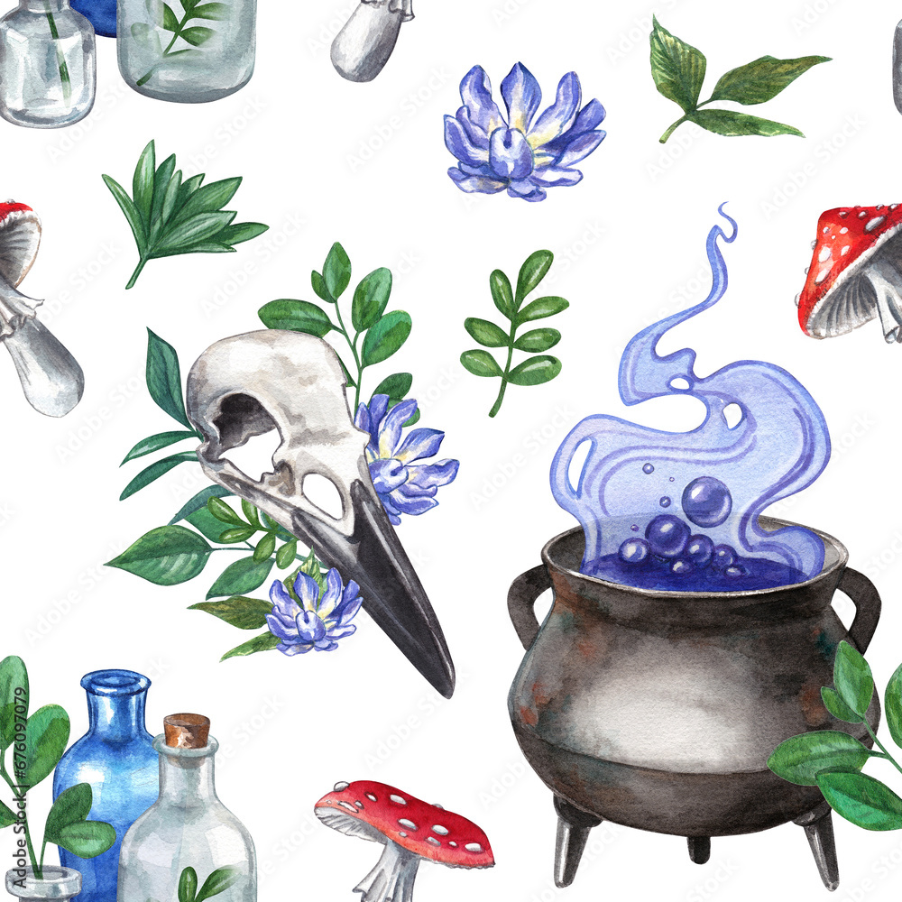 Seamless pattern alchemy and magic. Watercolor hand drawn illustration ...