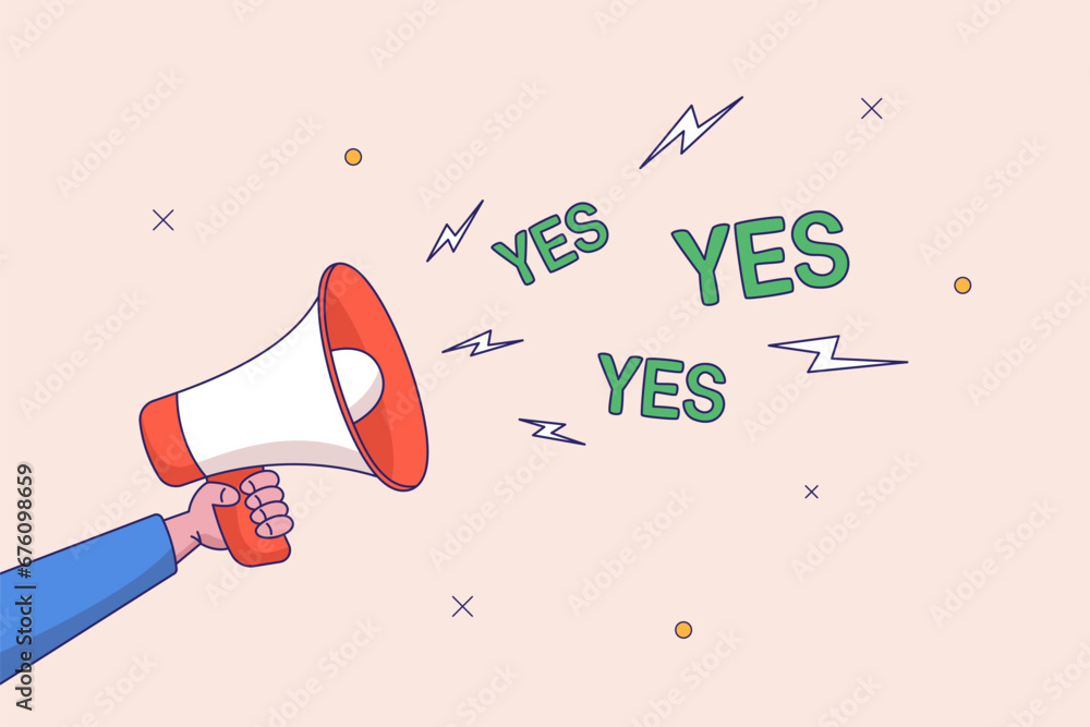 Time management concept. Scream loud on megaphone with words YES. Learn ...