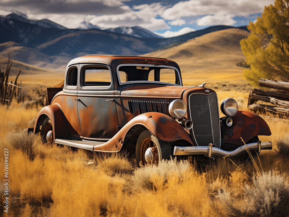 ein altes verrostetest auto auf dem land steht in einer scheune ...