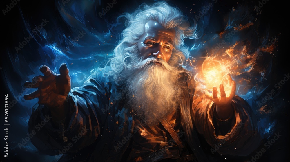 Fire magic. Fire Mage. The magic of Santa Claus. An old man with a ...