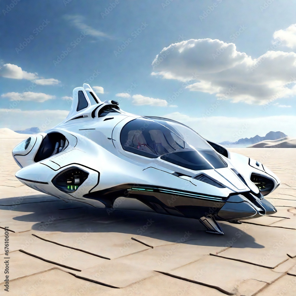 A futuristic vehicle, such as a sleek hovercraft or a futuristic ...