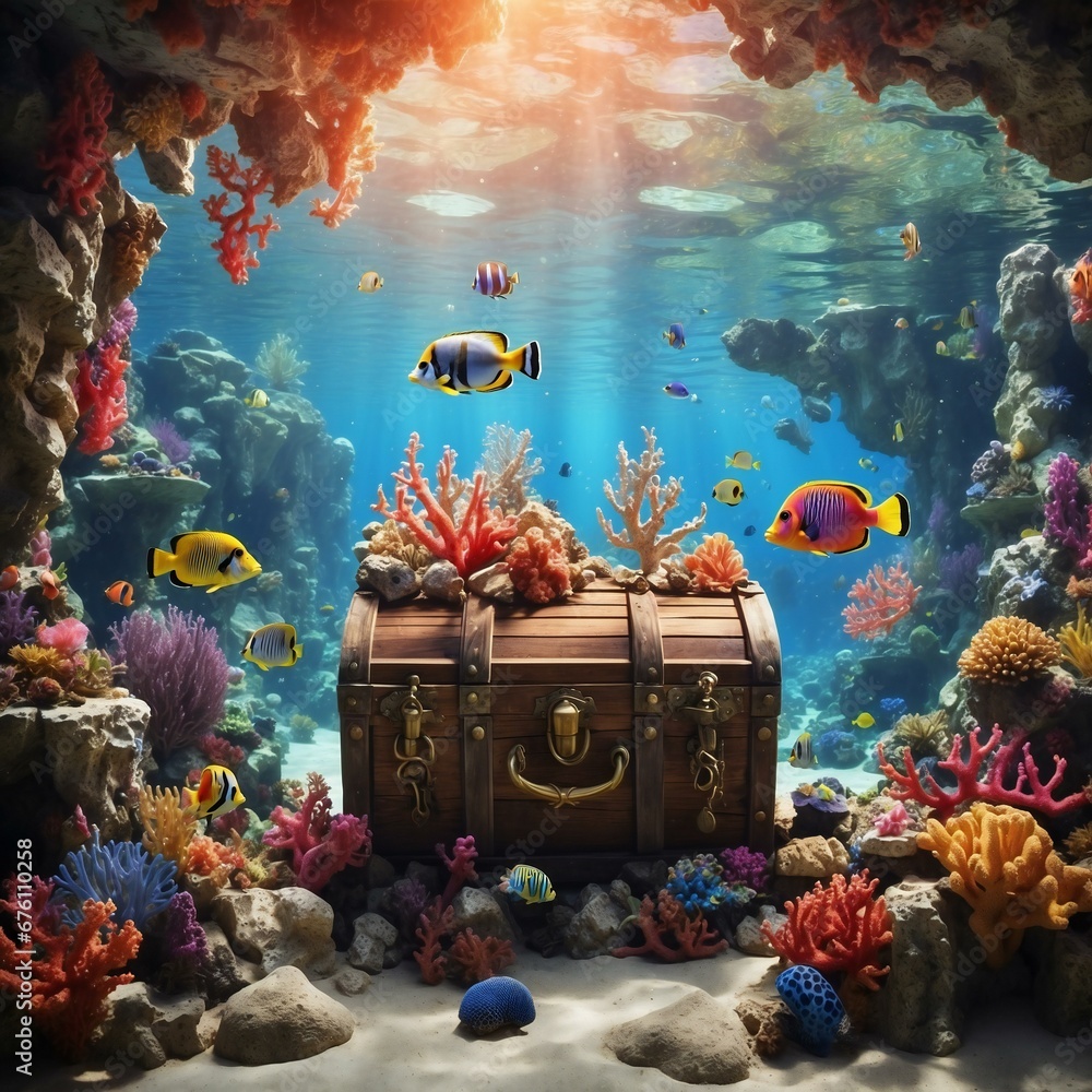 Underwater Treasure Chest with colorful coral reefs and fishes Stock ...