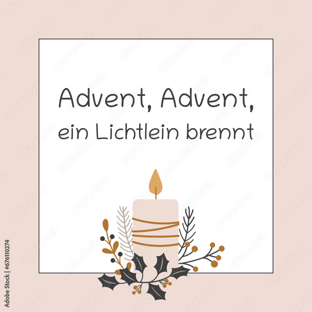 Vetor de Advent, Advent, ein Lichtlein brennt - Schriftzug in deutscher Sprache. Quadratische ...