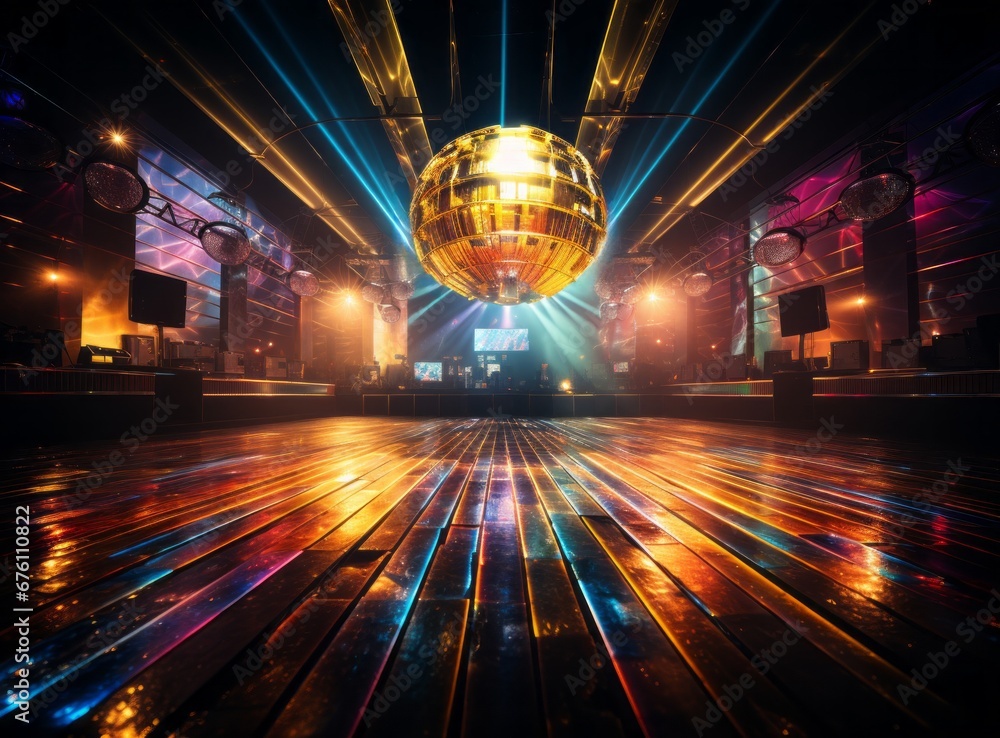 Shimmering gold disco ball in the middle of the empty dance floor. A ...