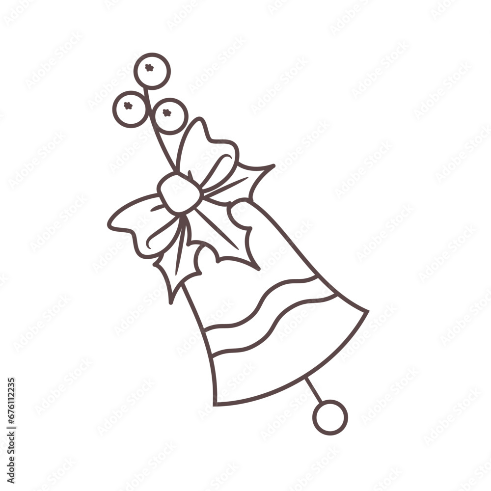 Vector Outline Illustration of simple bell with Holly berry and tied ...