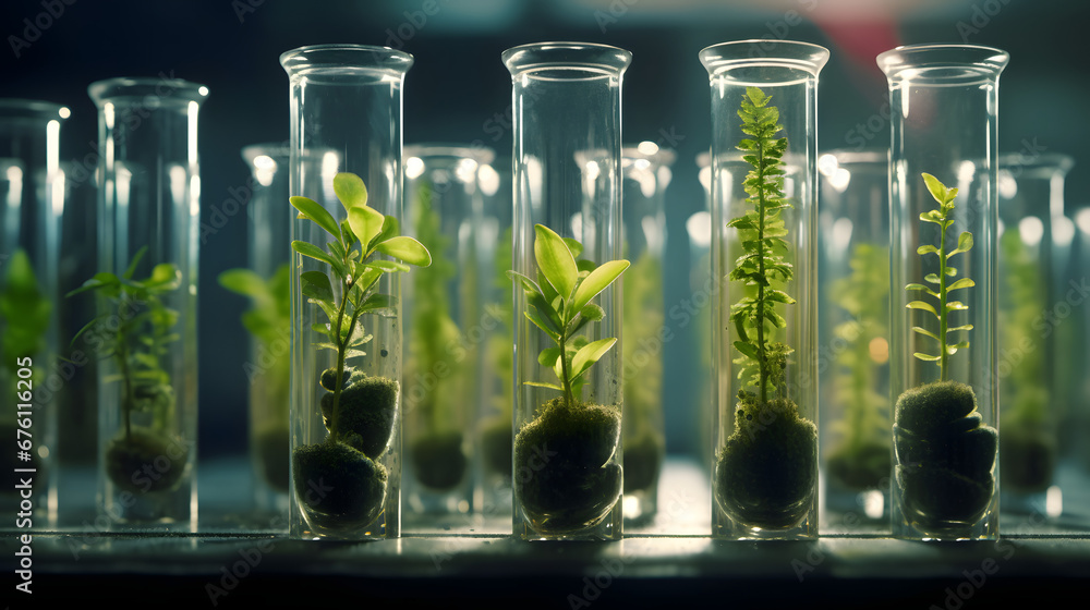 small and isolated plant growing in glasses when sunlight streams ...