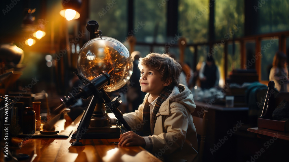 Little boy looking through a telescope at the world globe. Children ...