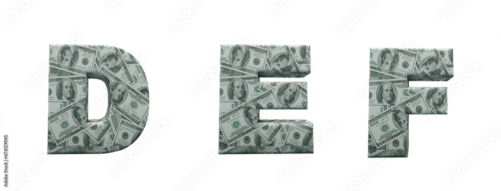 Money alphabet. Letters D, E, F, formed with 100 dollar bills. Font in ...