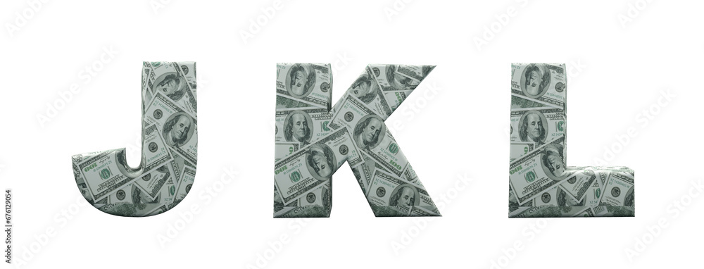 Money alphabet. Letters J, K, L, formed with 100 dollar bills. Font in ...