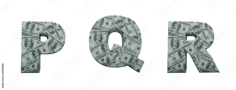Money alphabet. Letters P, Q, R, formed with 100 dollar bills. Font in ...
