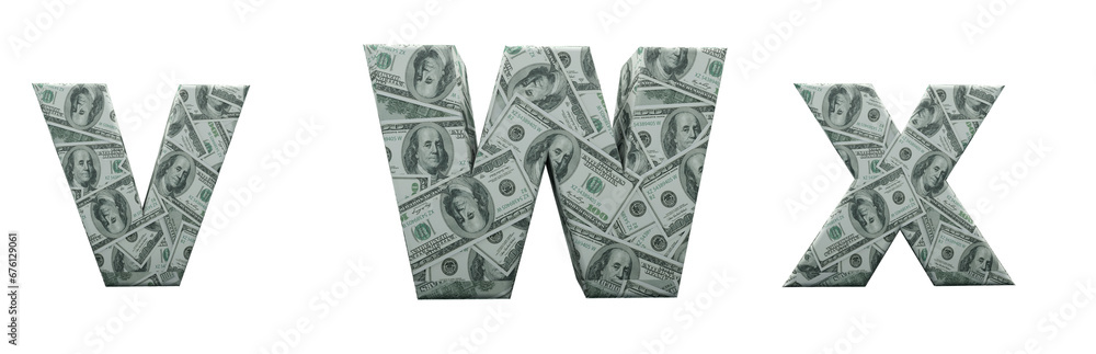Money alphabet. Letters V, W, X, formed with 100 dollar bills. Font in ...