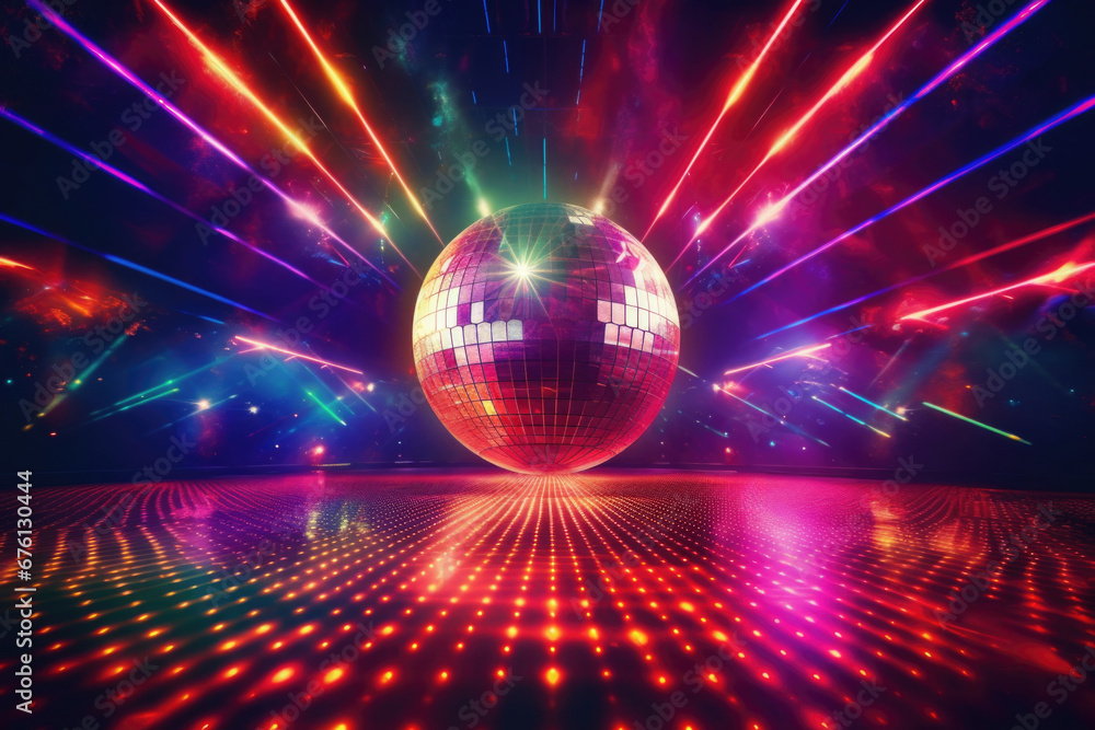 A concert dance stage of the 70s disco era with a shimmering disco ball ...