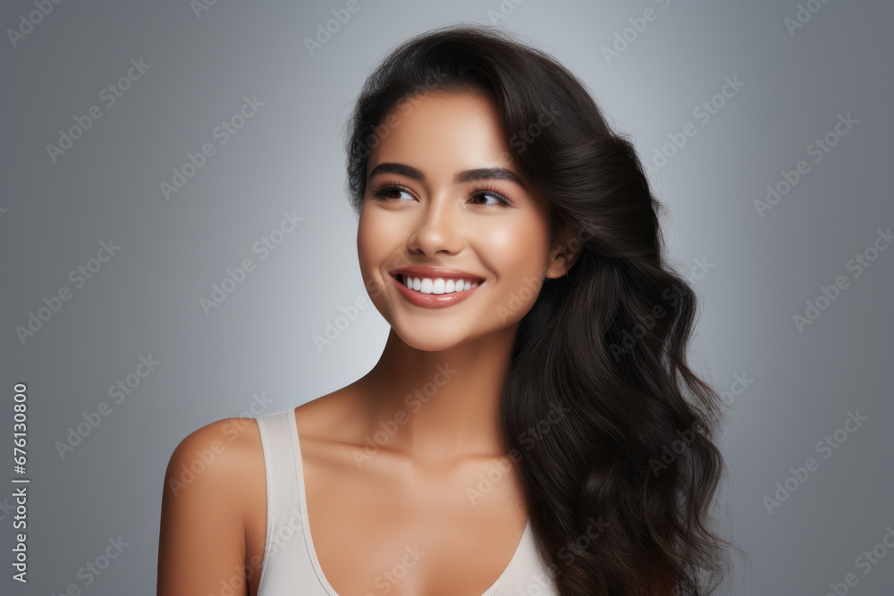 A closeup portrait photograph showcases a beautiful young Latin ...