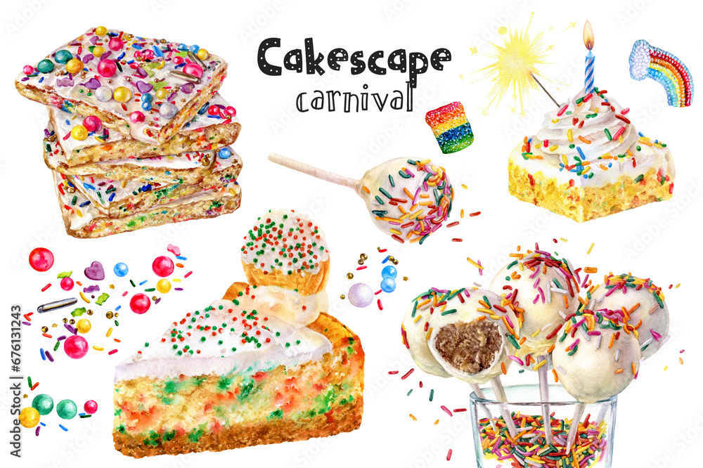 Watercolor illustration of celebrate desserts set close up. Design ...
