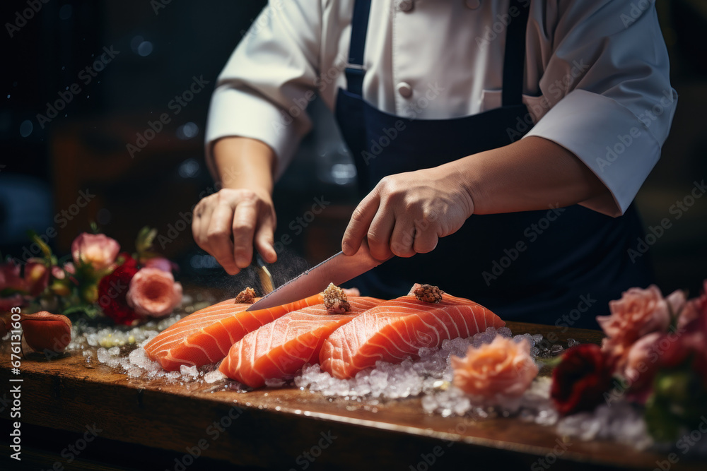 A master sushi chef expertly slices fresh sashimi, highlighting the ...