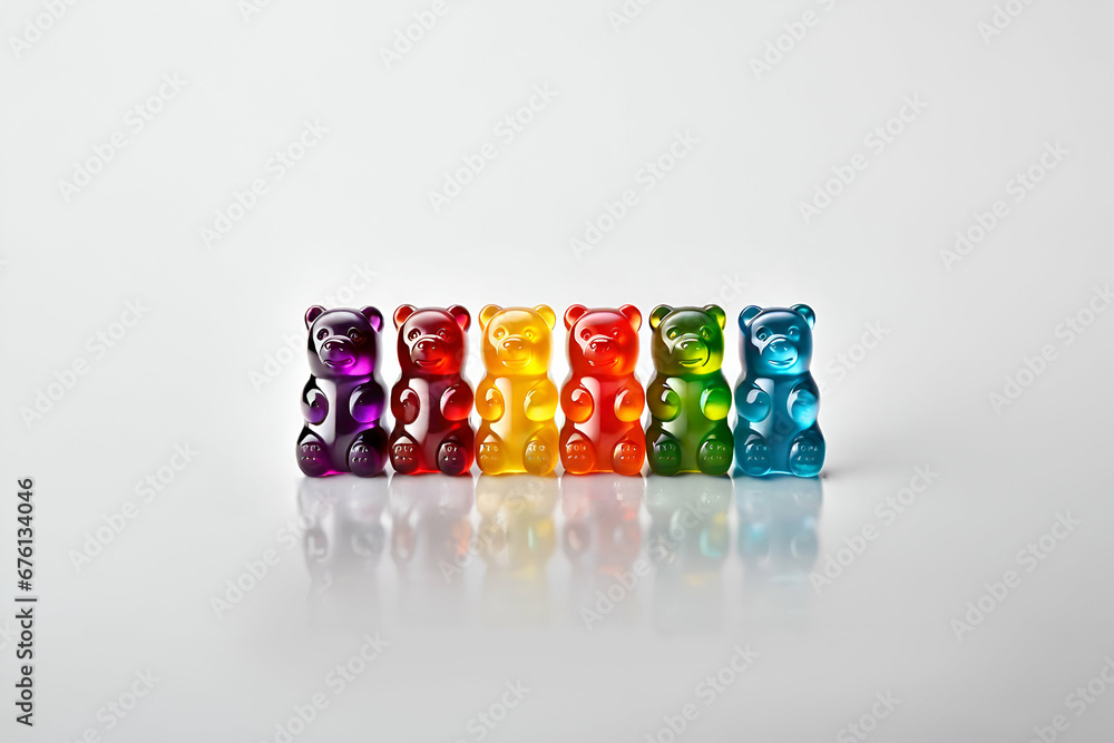 6 gummy bears sitting side by side. each in a different color. isolated ...