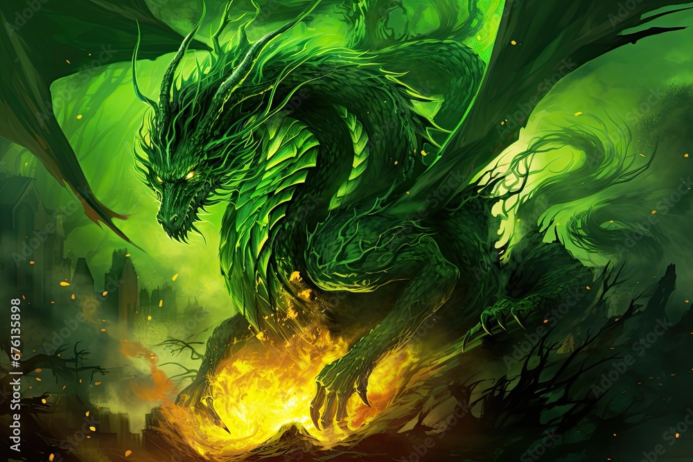 An emerald green dragon, symbol of the year 2024 with fire burning ...