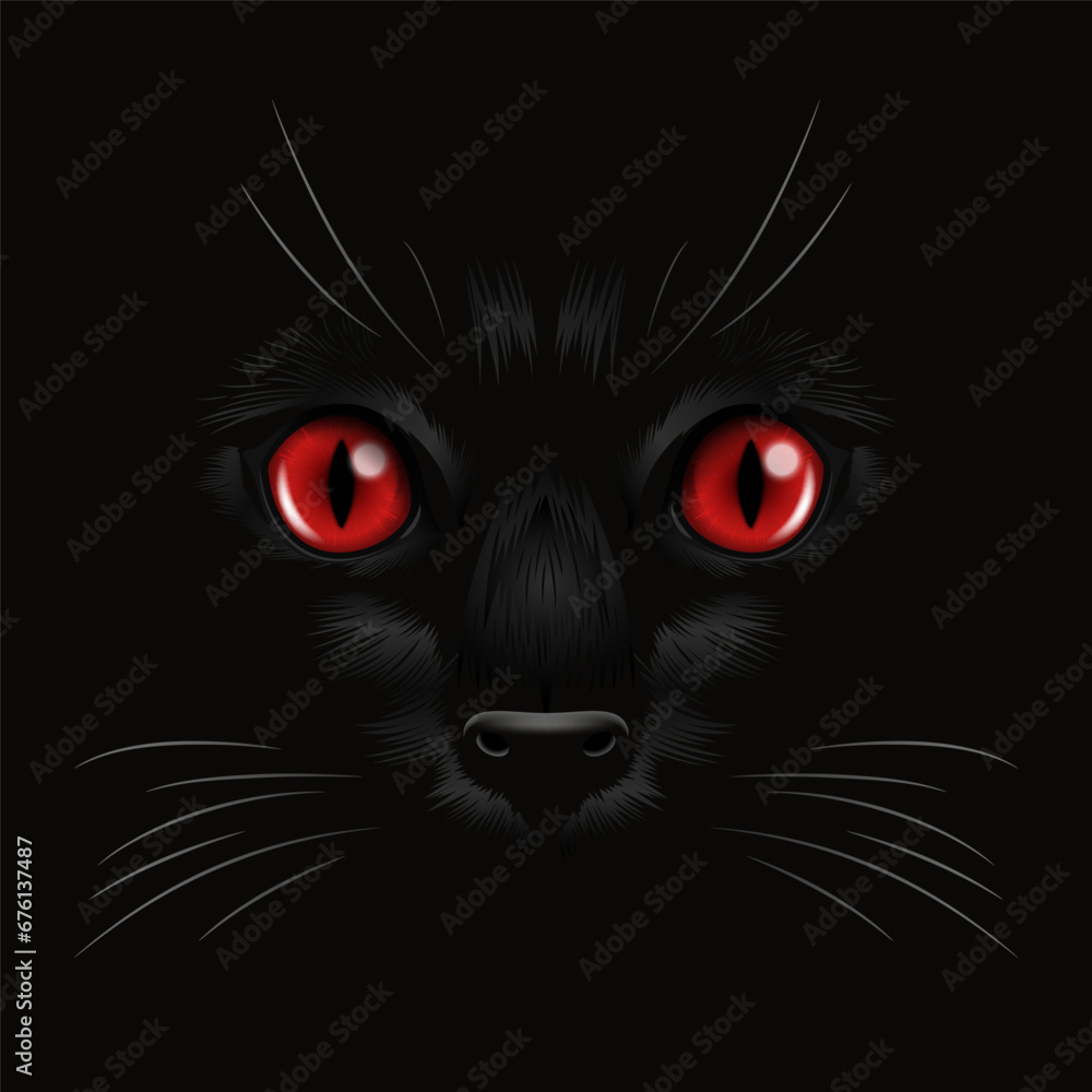 Vector 3d Realistic Red Cats Eye of a Black Cat in the Dark, at Night ...