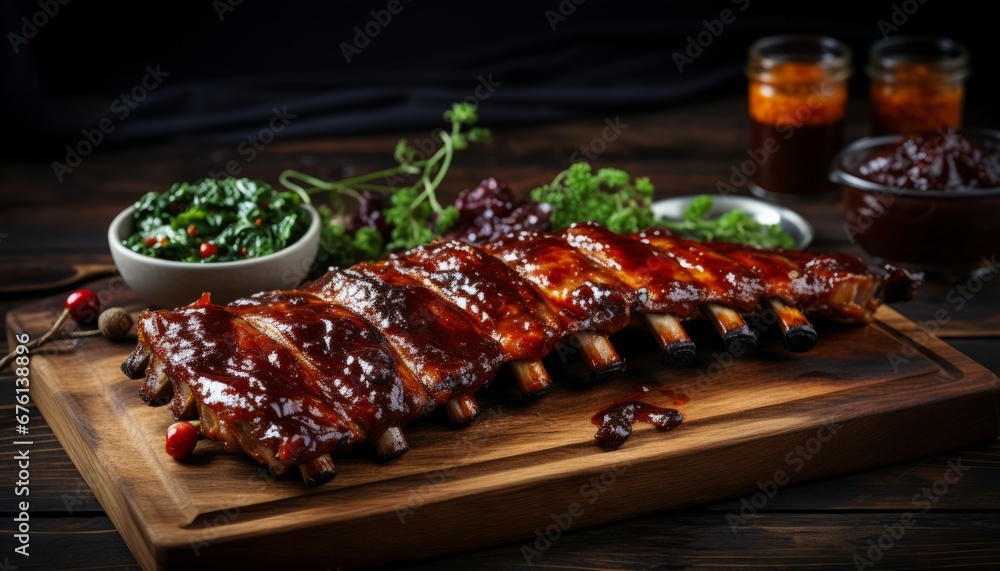 Deliciously barbecued roasted sliced pork ribs close up, juicy and ...