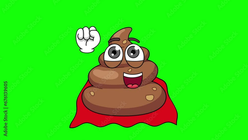 Superhero poop cartoon flying with red cape, green screen animation of ...