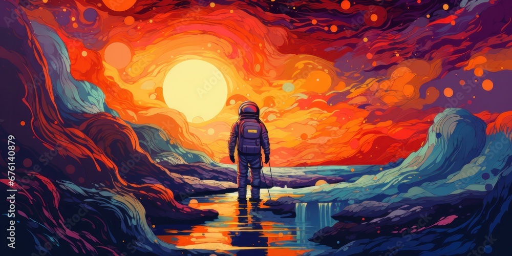 painting of a spaceman is walking in an orbit on an evening, in the ...