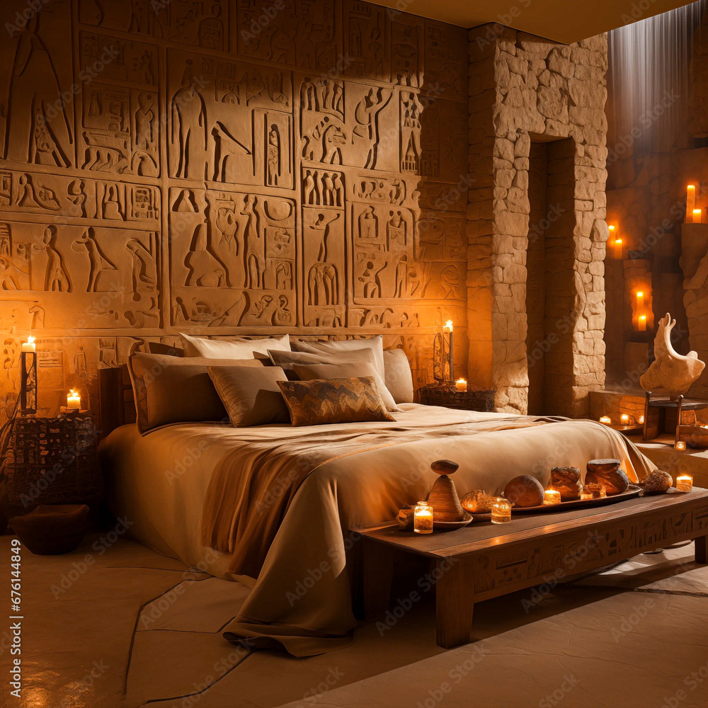 Sumerian-inspired bedroom interior, with walls decorate with intricate cuneiform patterns of ...