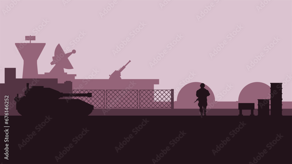 Military base landscape vector illustration. Silhouette of at military ...