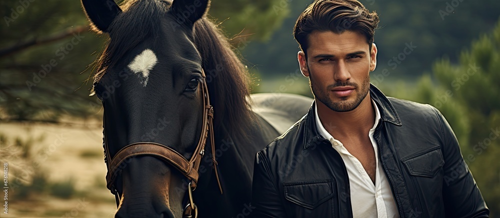 In the picturesque summer landscape a young beautiful man poses for a ...