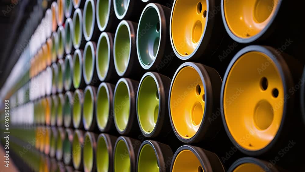 Up close, the image reveals a series of large, cylindrical containers ...