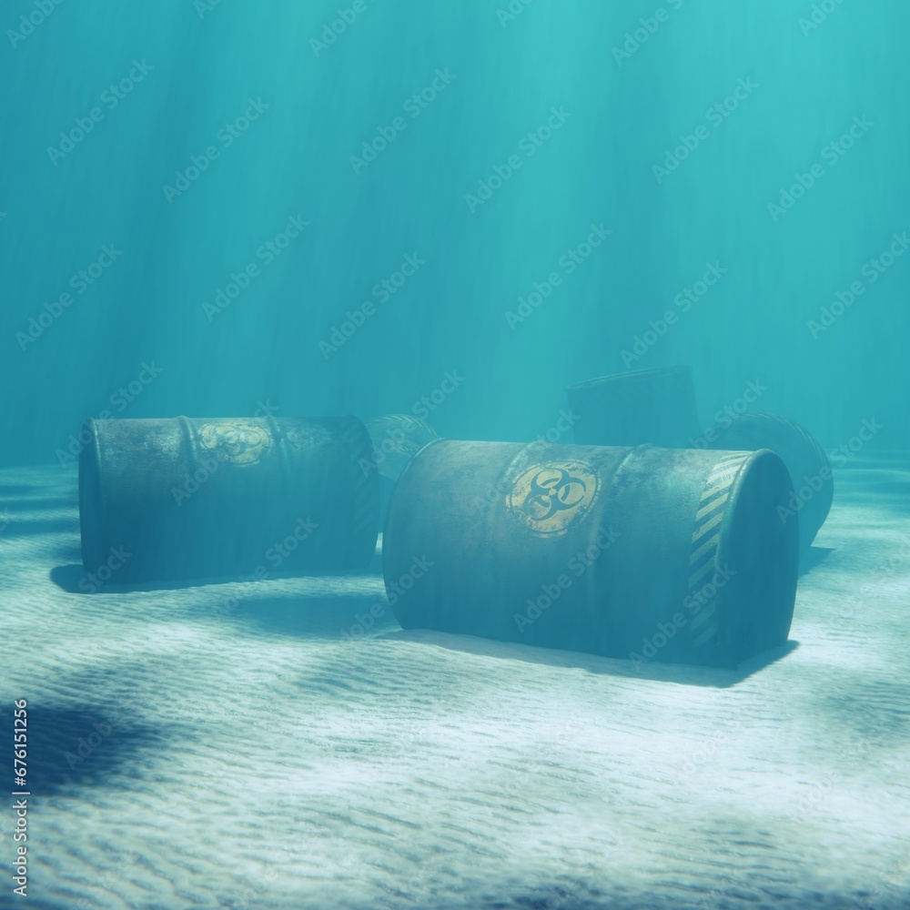 barrel with a toxic sign in a seabed, illustration environment ...