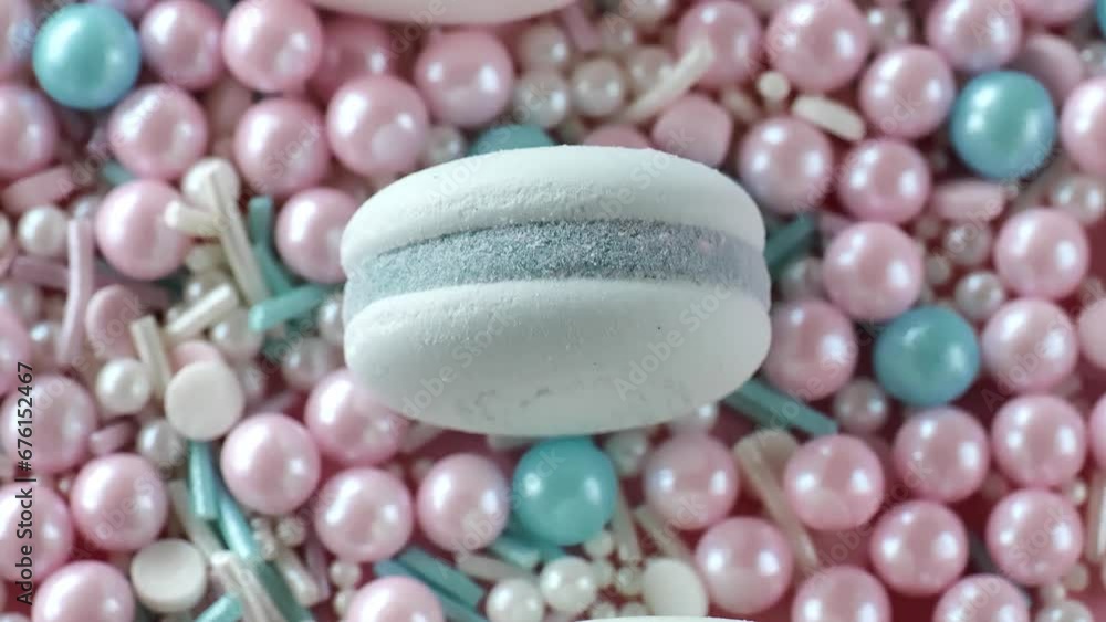 Macaron cakes set in sweet decor in pastel colors. View from above ...