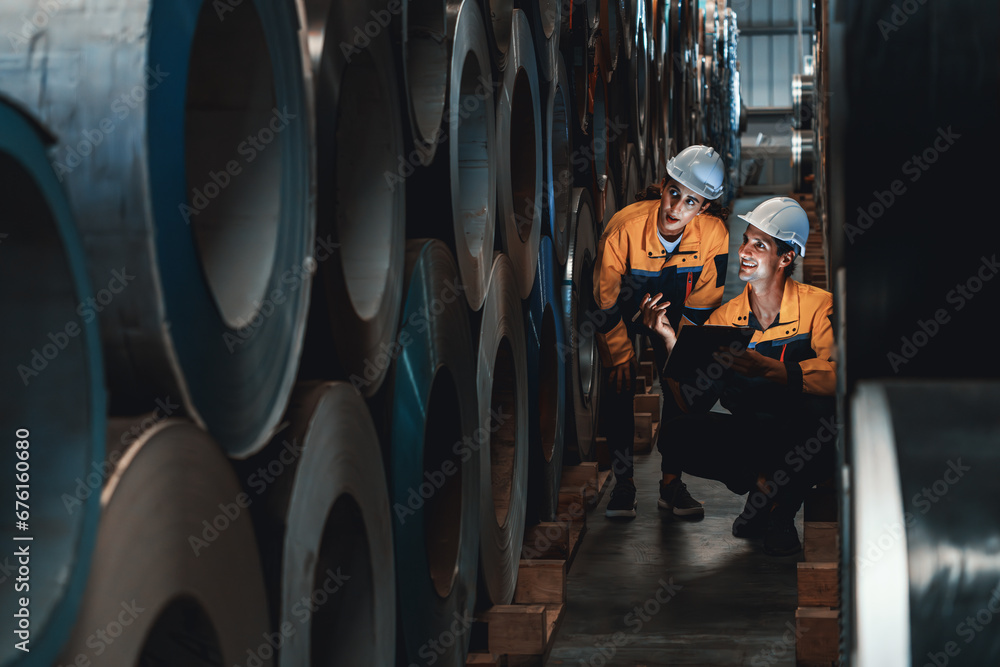 Warehouse inventory management in metalwork factory with engineer or ...