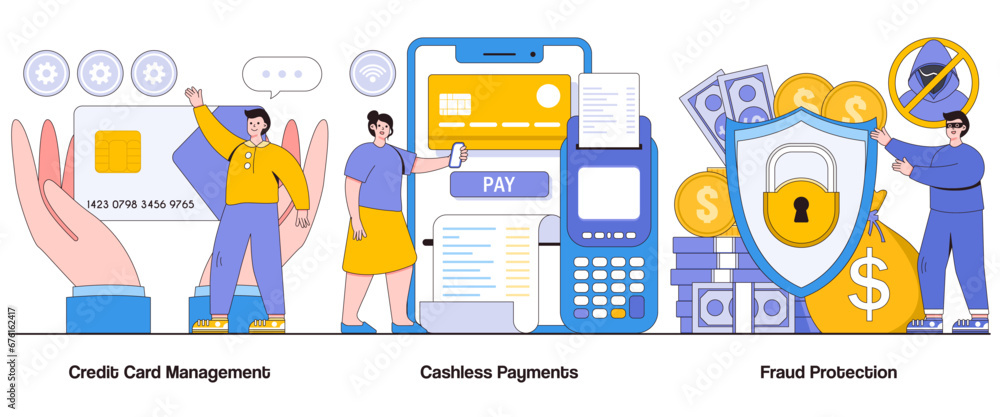 Credit card management, cashless payments, fraud protection concept ...