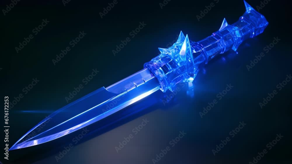 A deep blue shard of ice shaped like a dagger that glows with a soft ...