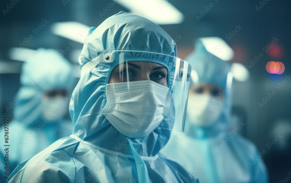 Medical team in sterile surgical attire ready for operation in a modern ...