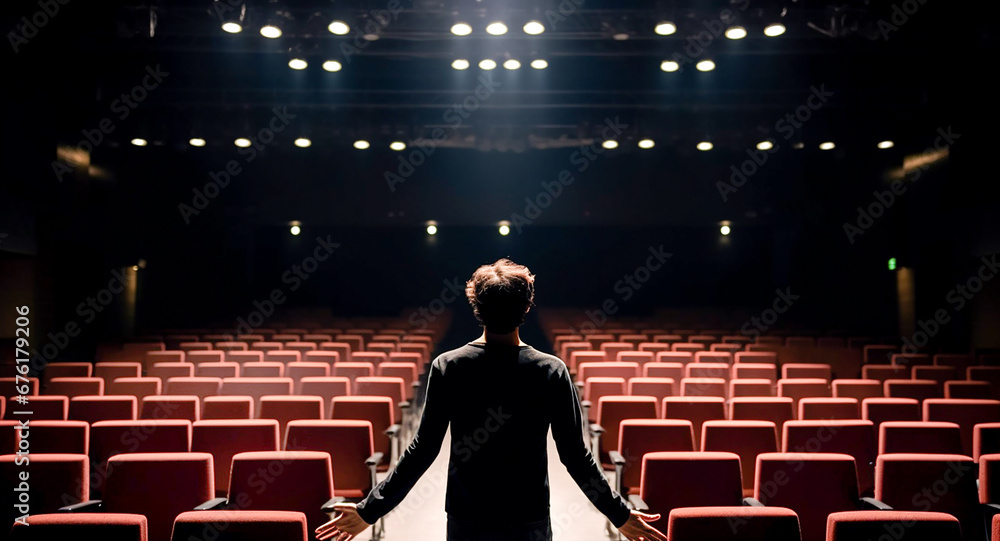 Actor on the theater stage. Male actor in the spotlight, rear view. The ...