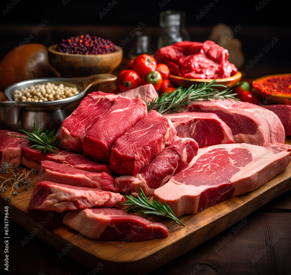 Different cuts of fresh raw red meat in supermarket, variety of prime ...
