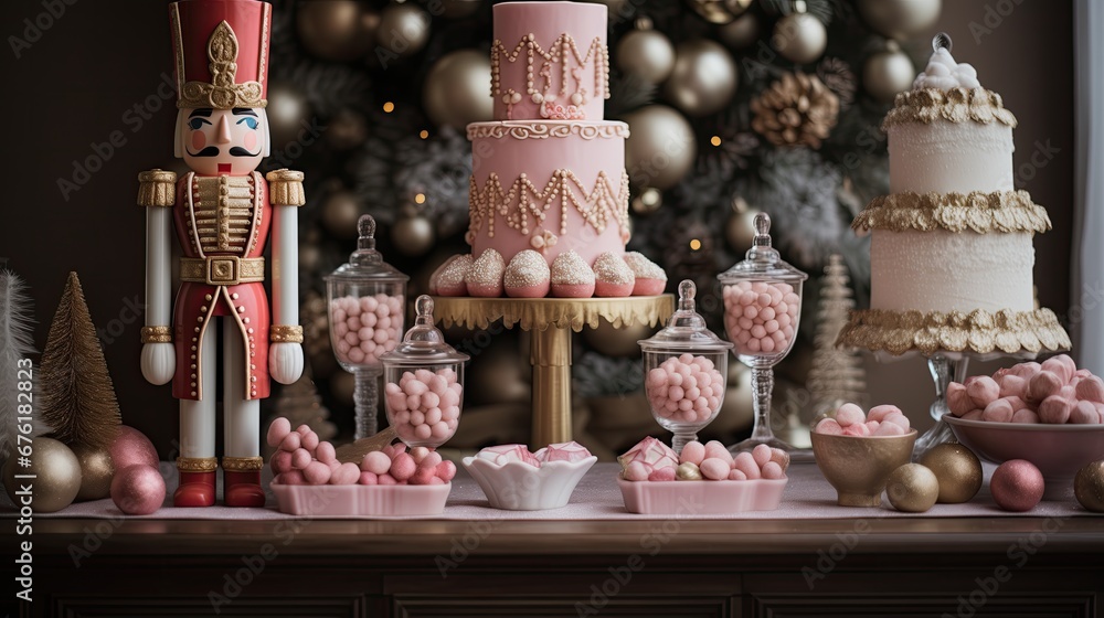A classic Nutcracker stands guard on a dessert table adorned with a ...