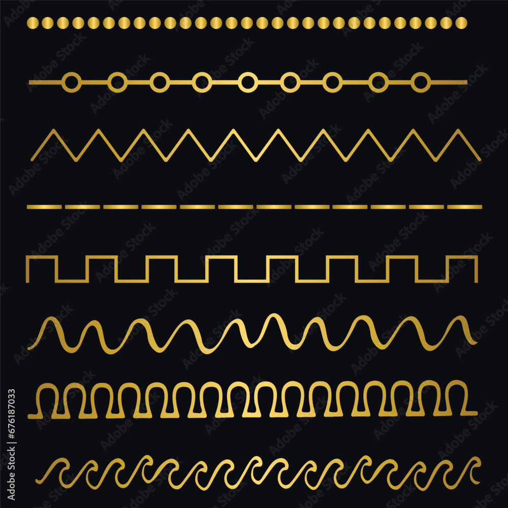 Set of golden line shapes, gold line borders, gold underlines, strokes ...