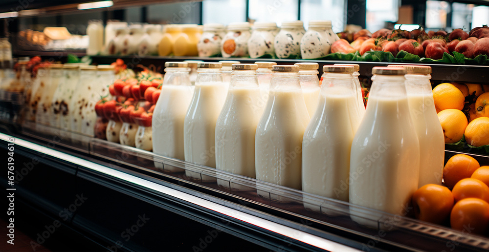 Milk, kefir, dairy products in a store, refrigerated display case in a ...